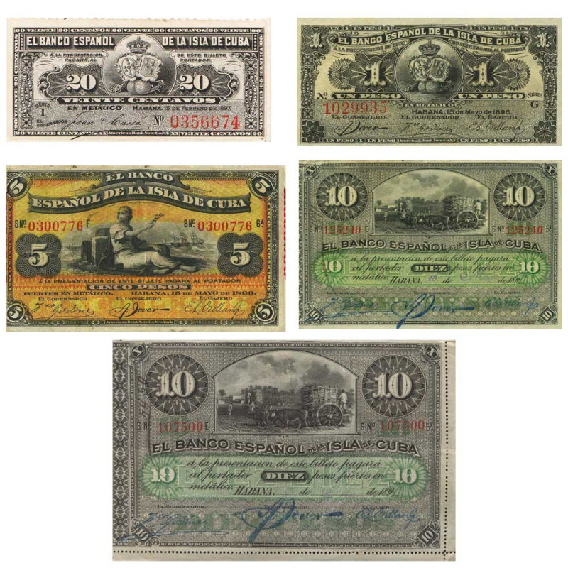 5 billets Cuba 1896-1897 - Trésor du Patrimoine